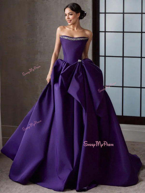 Satin Beading Strapless Grape Purple A Line Bow Prom Dress – Sassymyprom