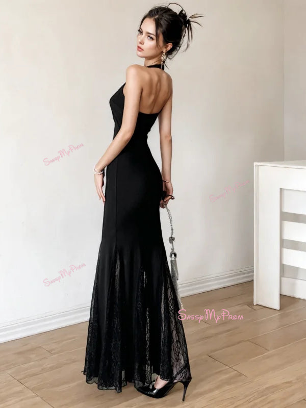 Sheer Lace Body-Hugging Black Maxi Dress – Sassymyprom