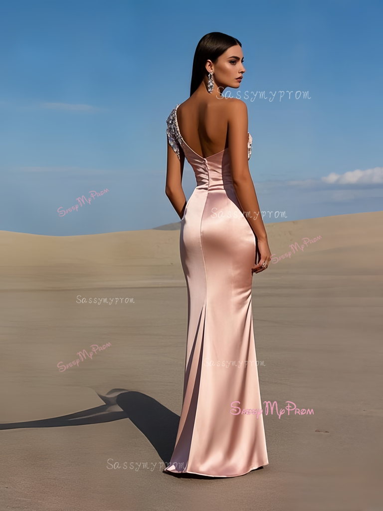 One Shoulder Beading Pink Satin Prom Dress With Slit – Sassymyprom