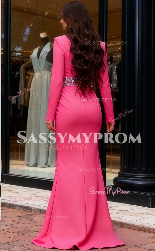 Trumpet Mermaid V Neck Hot Pink Long Sleeve Beading Prom Dress With Sl ...