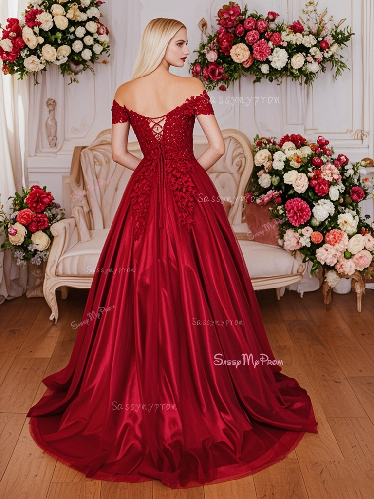 Burgundy Satin Lace Up Off The Shoulder Prom Dress – Sassymyprom