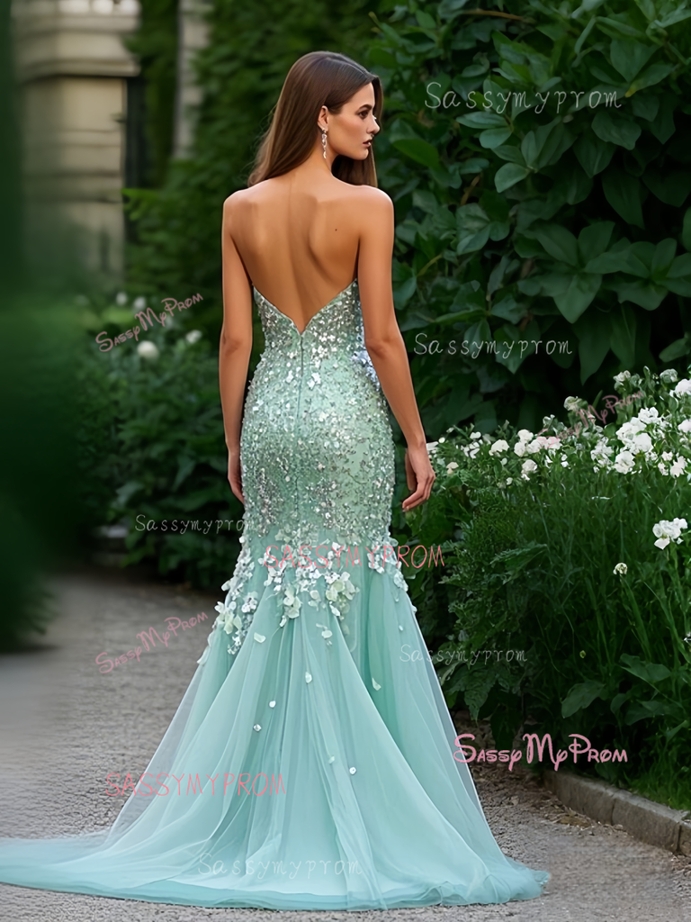 Sweetheart Flowers Mint Tulle Trumpet Mermaid Prom Dress With Slit ...