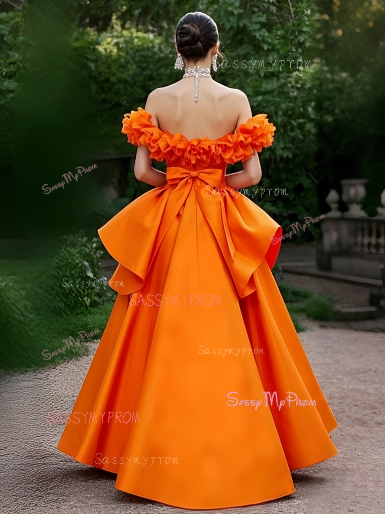 Off The Shoulder Ruffles Satin Orange Prom Dress With Slit – Sassymyprom