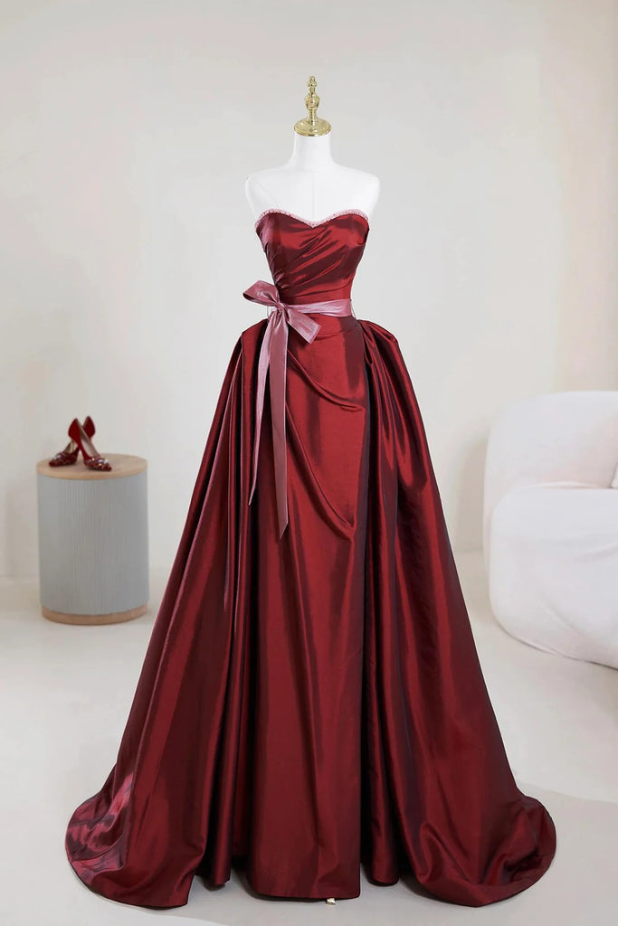 Sweetheart A Line Belt Burgundy Satin Prom Dress – Sassymyprom