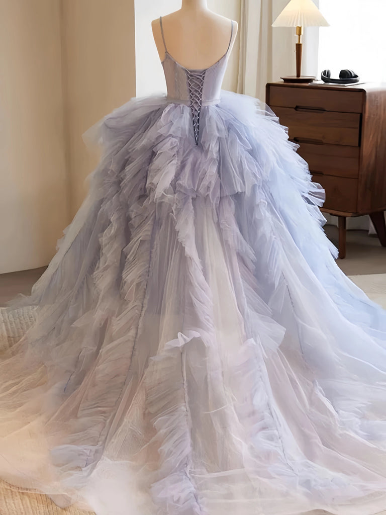 2024 Ball Gown Ruffles Blue Tulle Lace Up Prom Dress – Sassymyprom