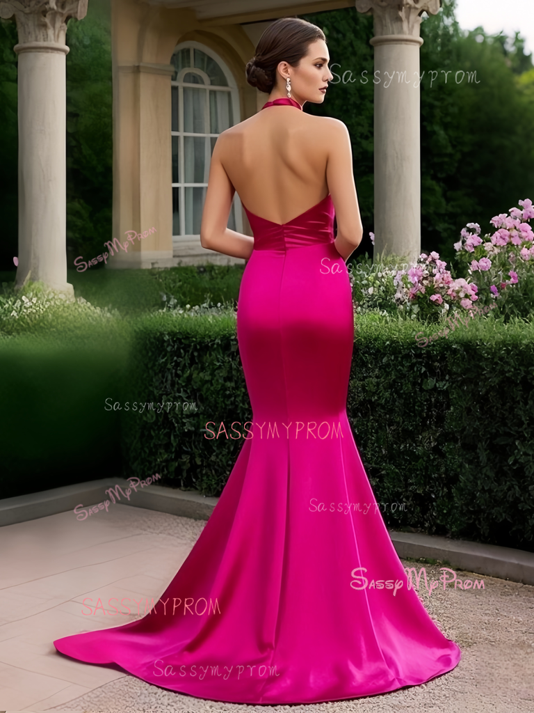 Flower Trumpet Mermaid Halter Satin Fuchsia Prom Dress With Slit ...