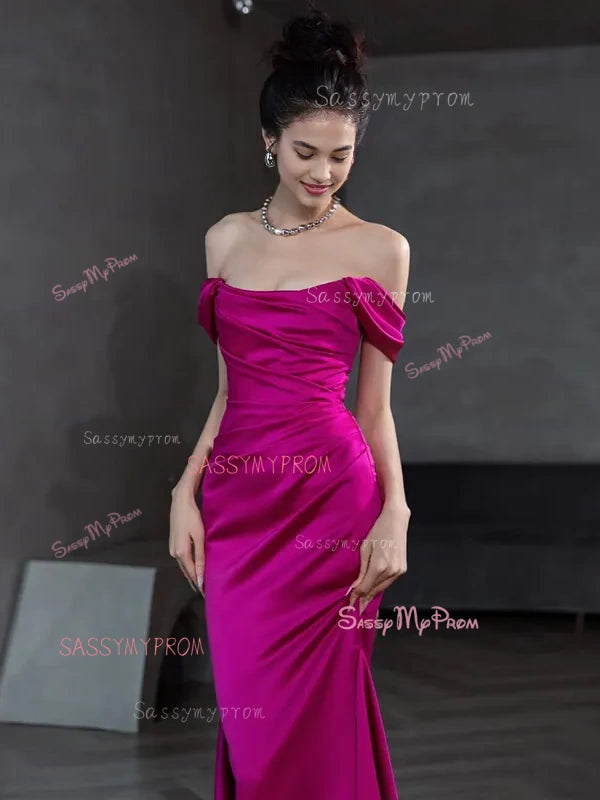Satin Off The Shoulder Fuchsia Trumpet Mermaid Prom Dress – Sassymyprom