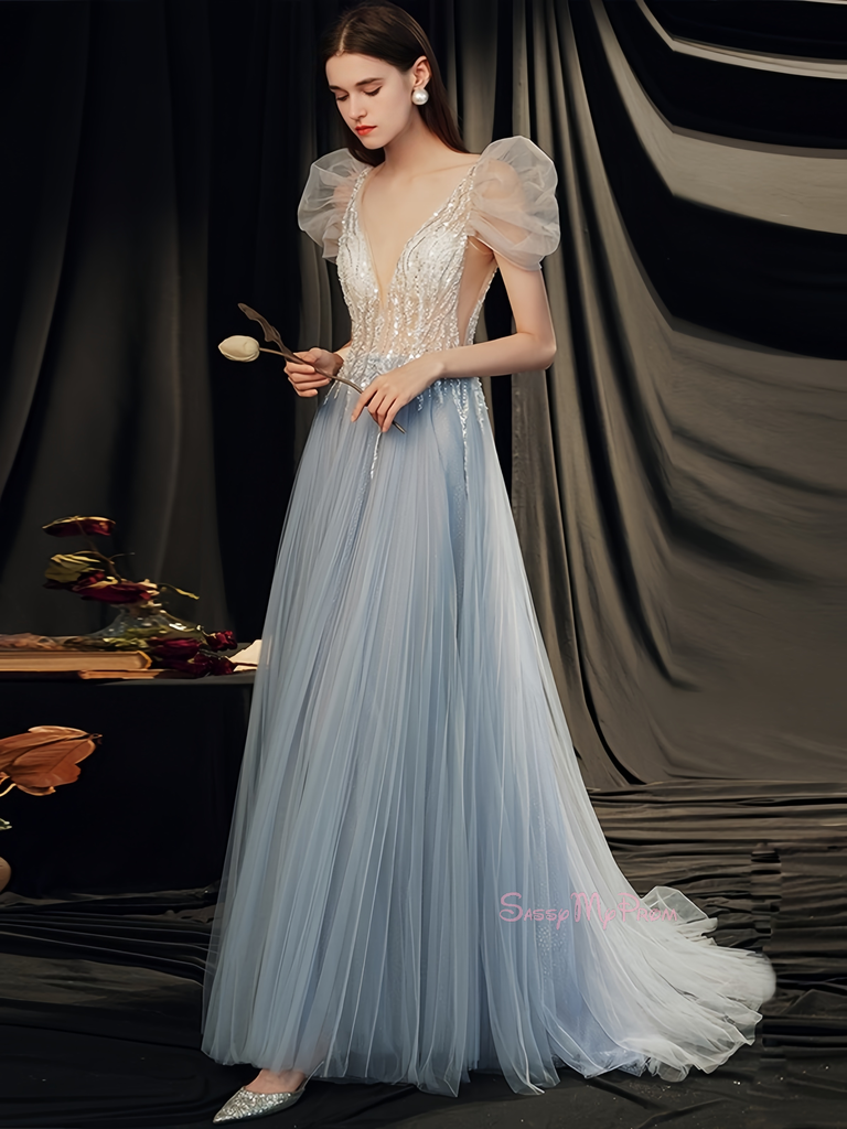 V Neck Blue Beading Puffy Sleeves Prom Dress – Sassymyprom