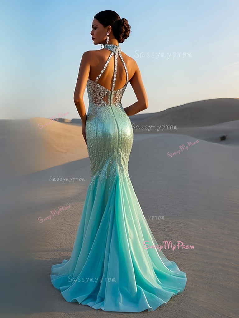 Satin Appliques Beading Trumpet Mermaid High Neck Mint Prom Dress ...
