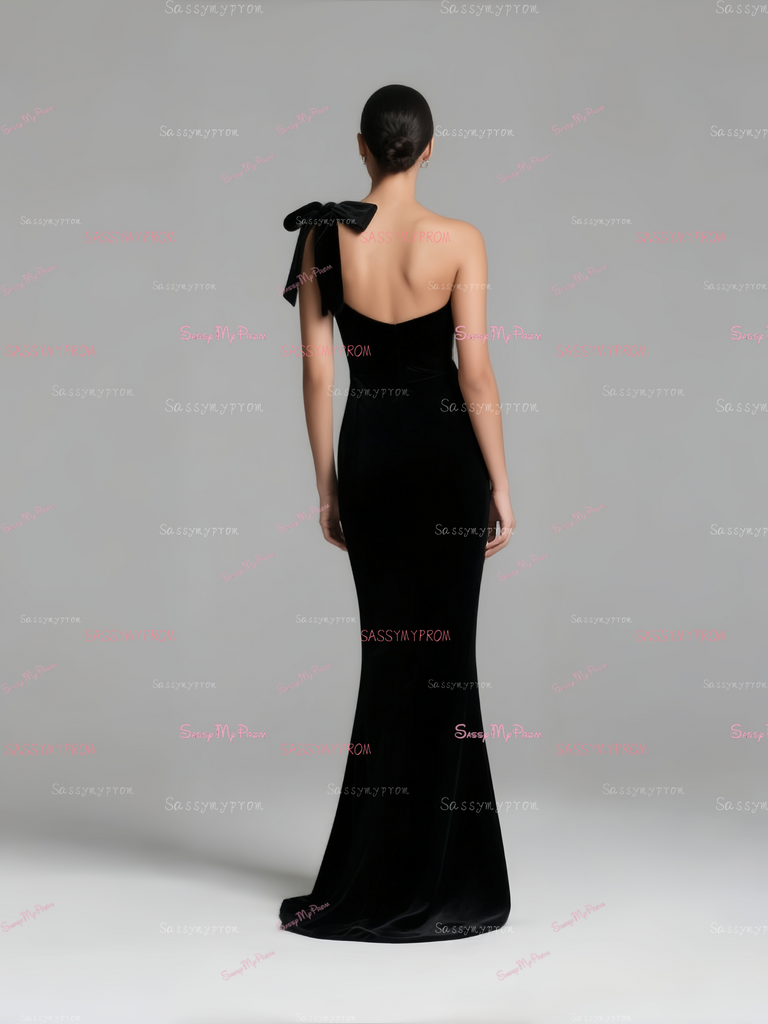 One Shoulder Velvet Trumpet Mermaid Black Prom Dress – Sassymyprom