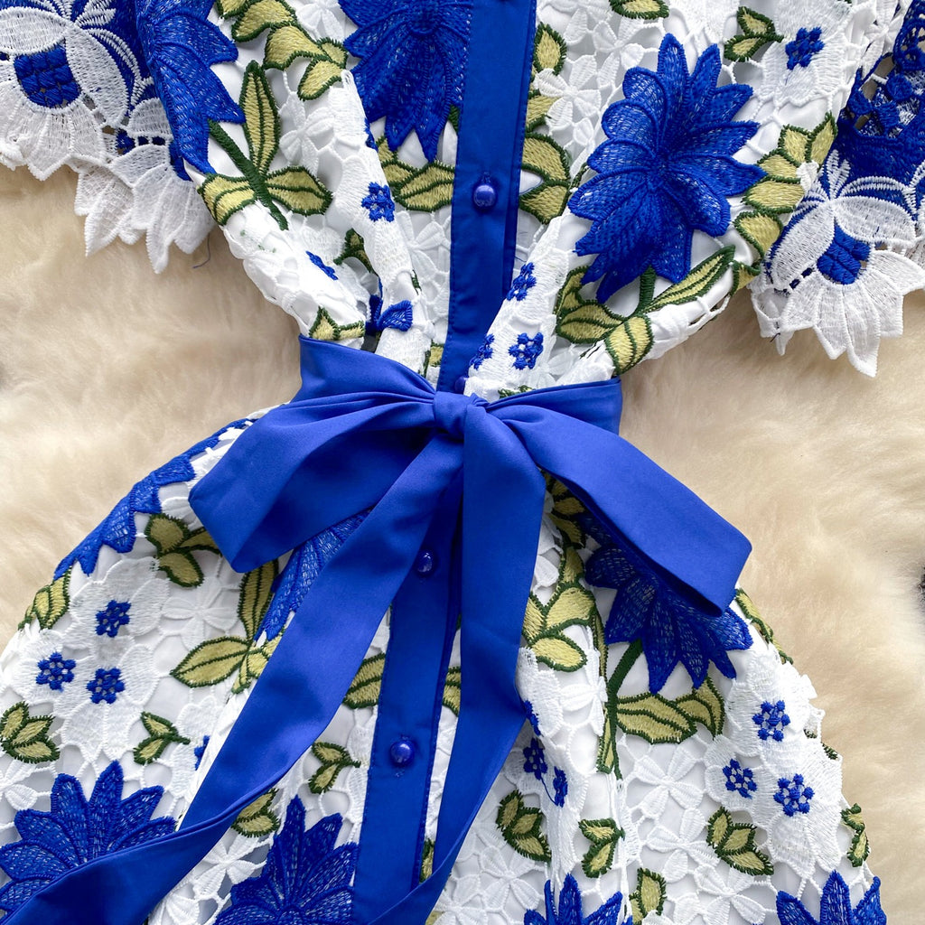 Blue Bow Floral Lace Dress – Sassymyprom