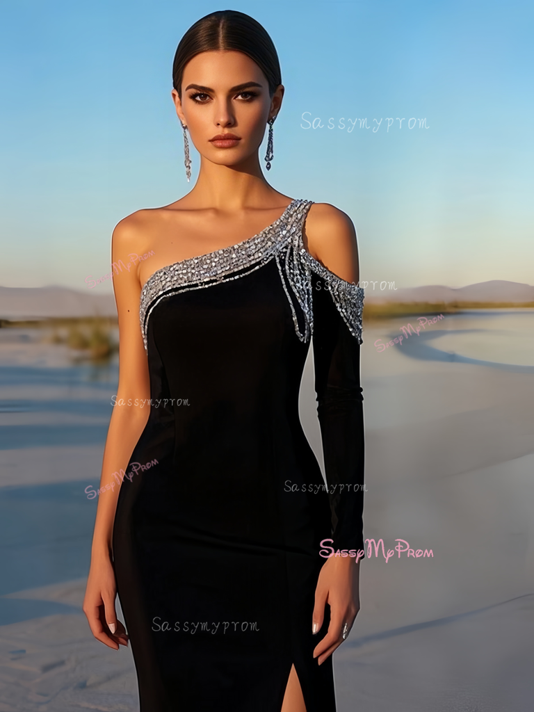 Beading Tassel Trumpet Mermaid Long Sleeve Black Prom Dress With Slit ...