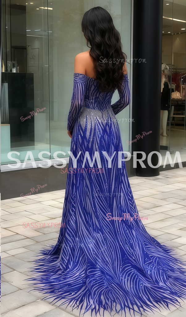 Off The Shoulder Sequin Royal Blue Prom Dress With Slit – Sassymyprom