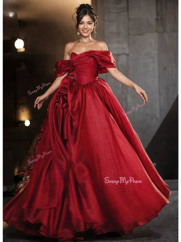 Off The Shoulder Burgundy Flower Sparkle Tulle Prom Dress – Sassymyprom