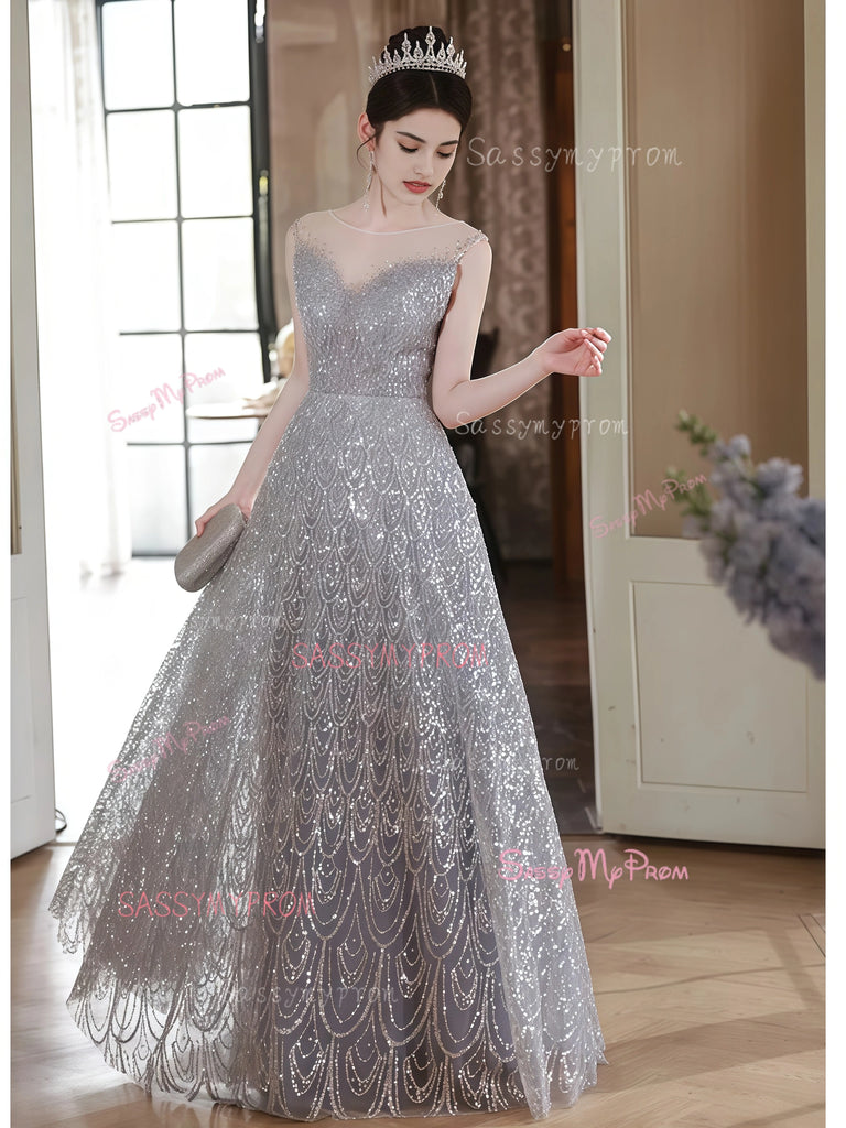 A Line Sheer Silver Sequin Prom Dress With Shawl – Sassymyprom