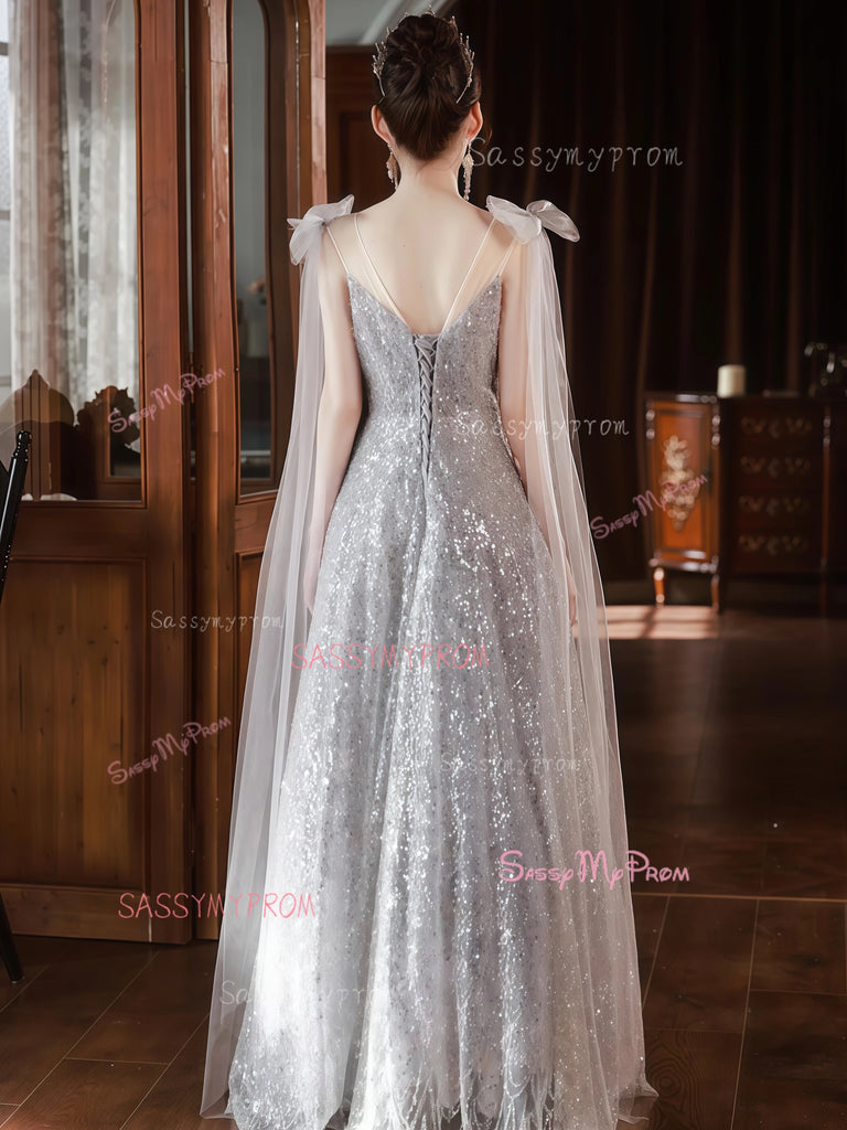 A Line Sheer Silver Sequin Prom Dress With Shawl – Sassymyprom