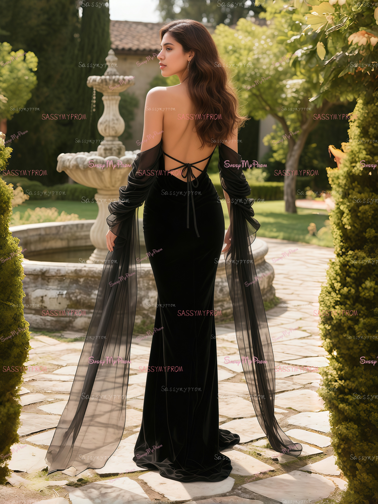 Spaghetti Straps Trumpet Mermaid Black Prom Dress With Cape – Sassymyprom