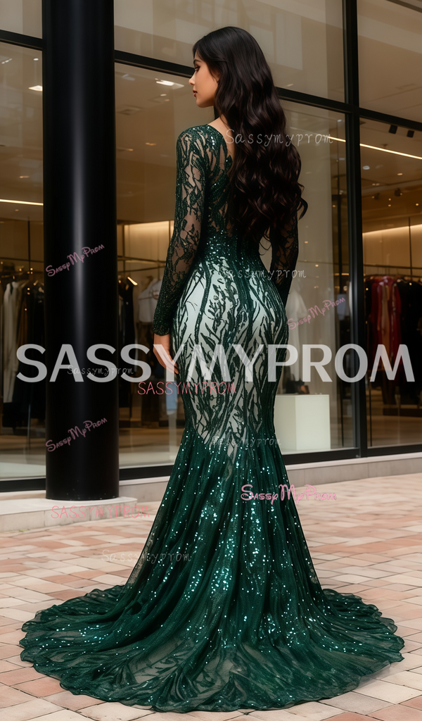 V Neck Long Sleeve Sequin Trumpet Mermaid Dark Green Prom Dress ...