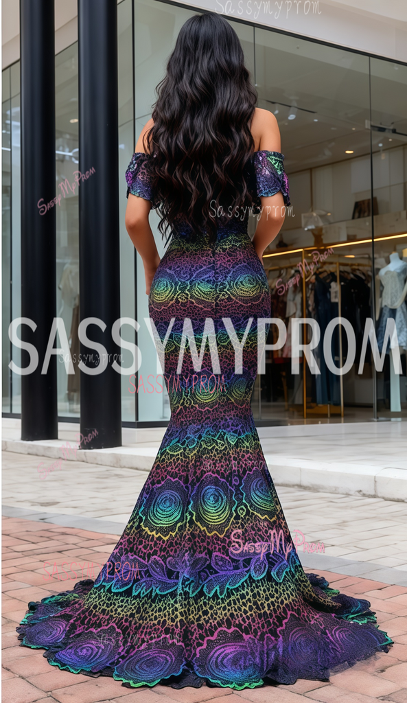 Colorful Lace Trumpet Mermaid Off The Shoulder Prom Dress – Sassymyprom