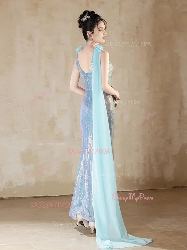 Sheer Neck Blue Trumpet Mermaid Prom Dress – Sassymyprom