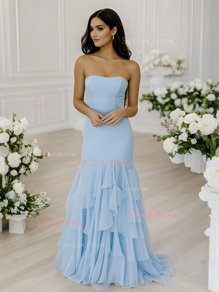 Trumpet Mermaid Chiffon Strapless Light Blue Prom Dress – Sassymyprom