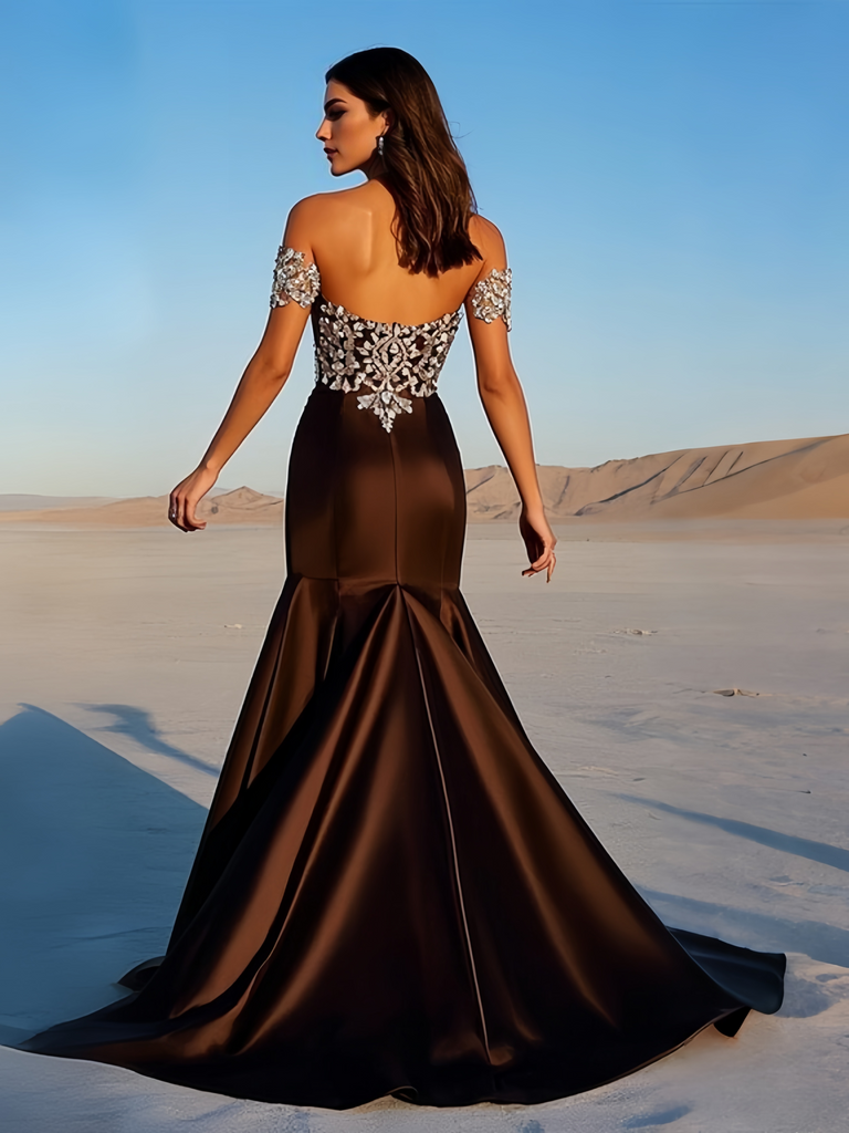 Coffee Satin Beading Mermaid Off The Shoulder Prom Dress With Slit ...