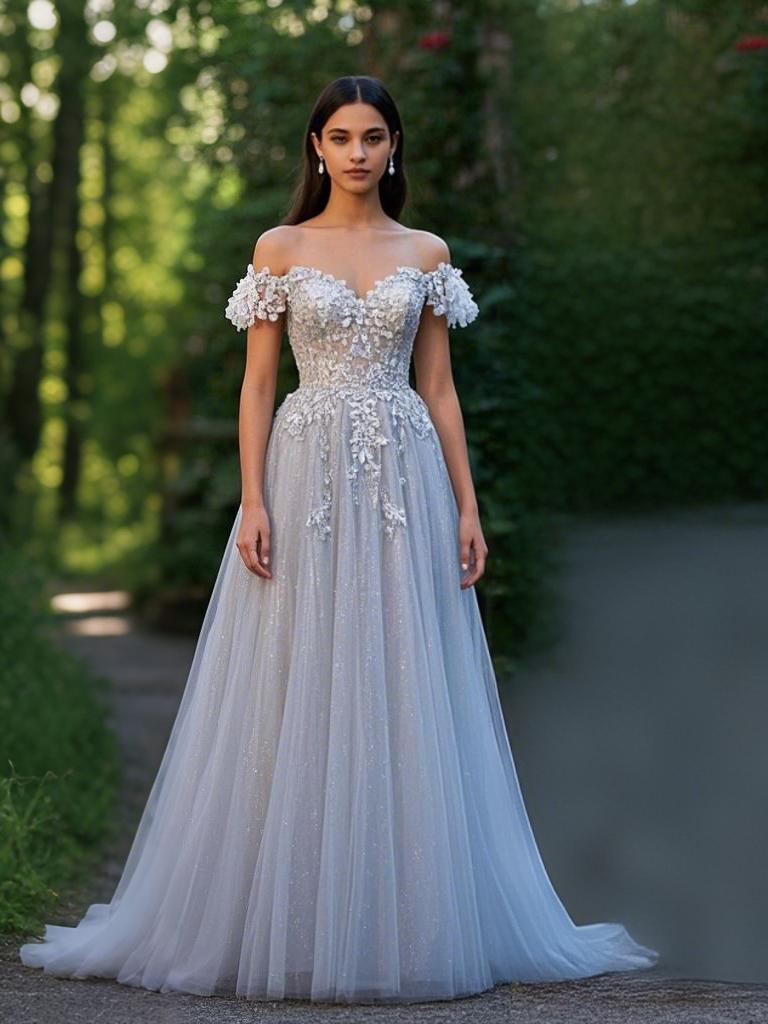 Tulle Sparkle Champagne Off The Shoulder Prom Dress – Sassymyprom