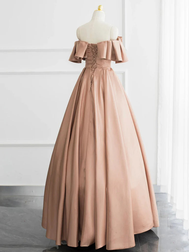 2024 Off Shoulder Satin Champagne Lace Up Prom Dress – Sassymyprom