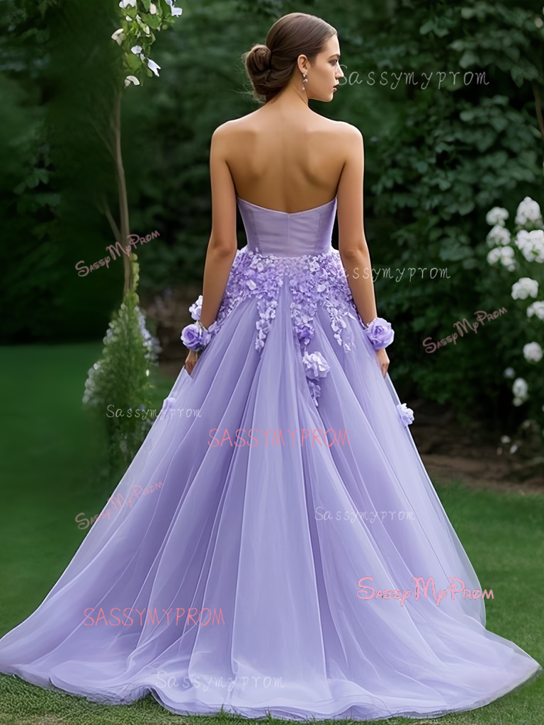 Appliques Flower Purple Tulle A Line Prom Dress With Slit – Sassymyprom