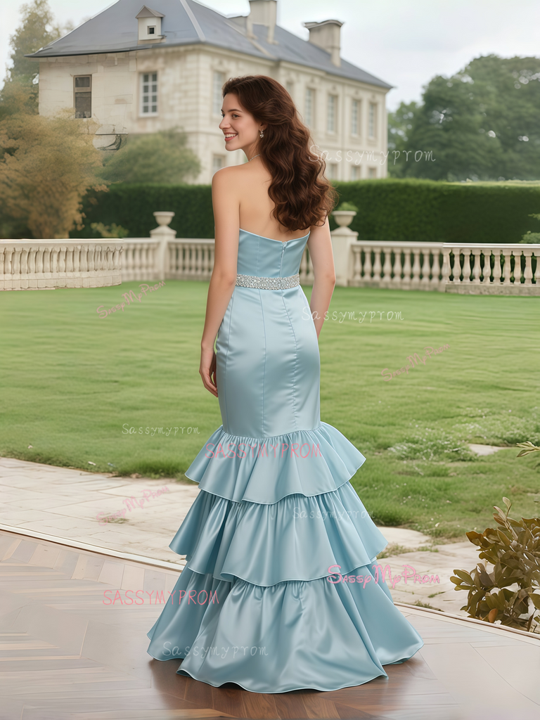 Sweetheart Satin Light Blue Crystal Trumpet Mermaid Prom Dress ...