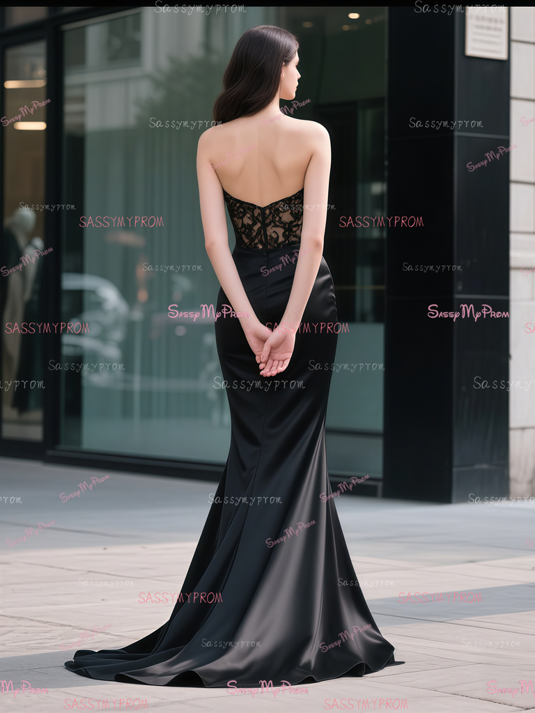 Trumpet Mermaid Satin Beading Black Sweetheart Prom Dress – Sassymyprom
