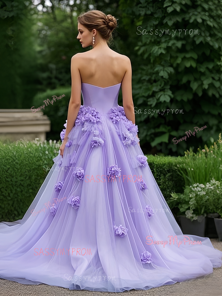 Tulle Flower Purple Sweetheart A Line Prom Dress With Slit – Sassymyprom