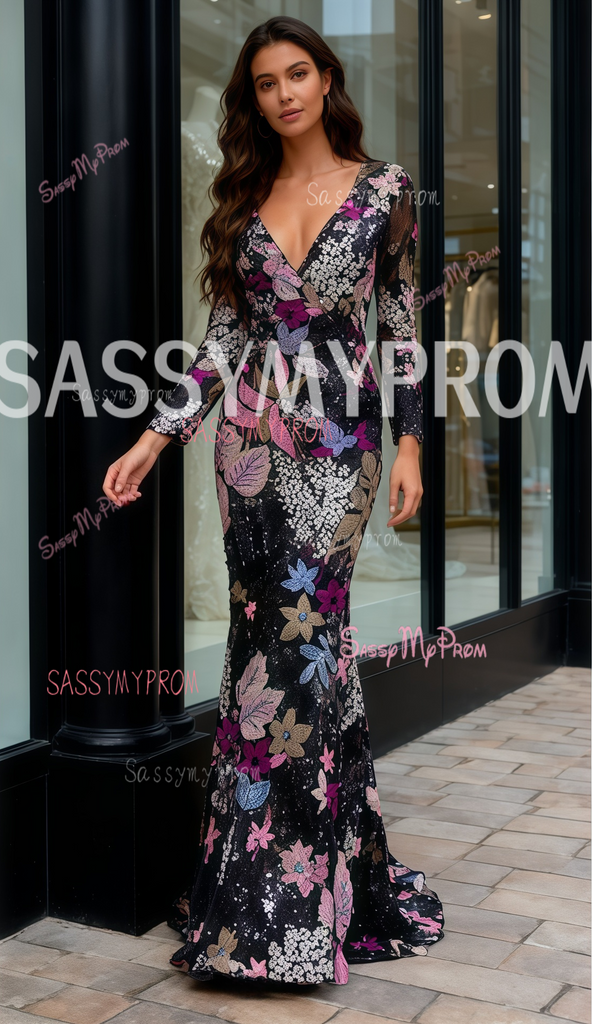 Trumpet Mermaid Long Sleeve V Neck Floral Prom Dress – Sassymyprom