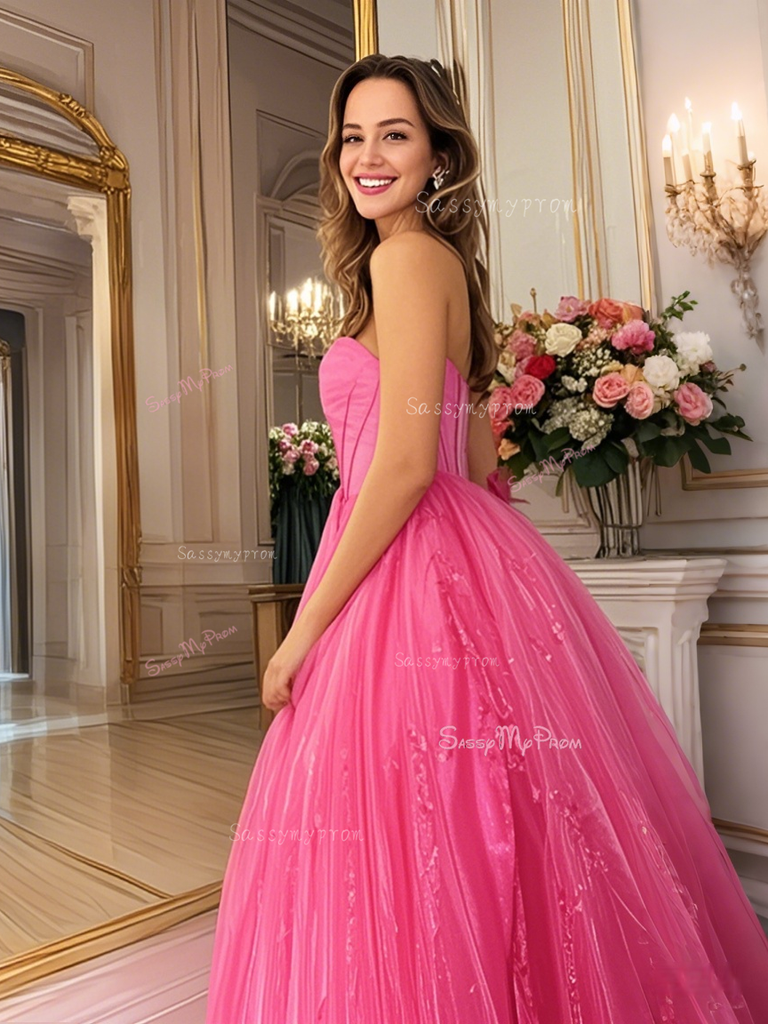 Hot Pink Tulle A Line Sweetheart Prom Dress With Slit – Sassymyprom