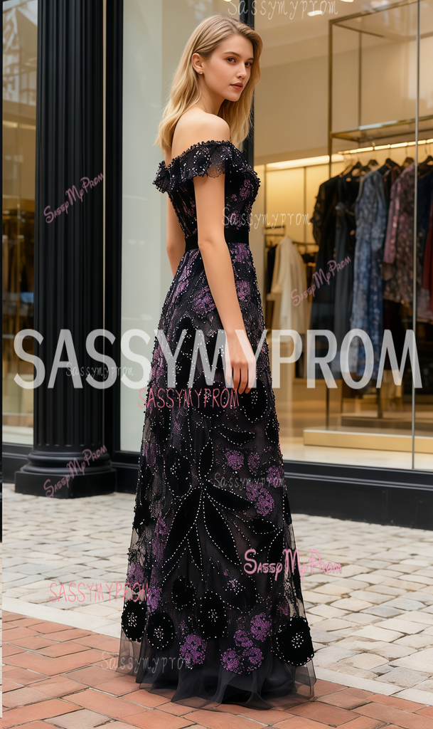 A Line Off The Shoulder Flower Purple & Black Prom Dress – Sassymyprom