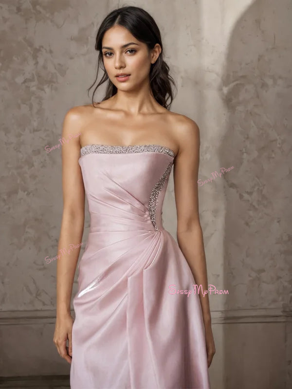 Mermaid Ruched Strapless Beading Pink Prom Dress – Sassymyprom
