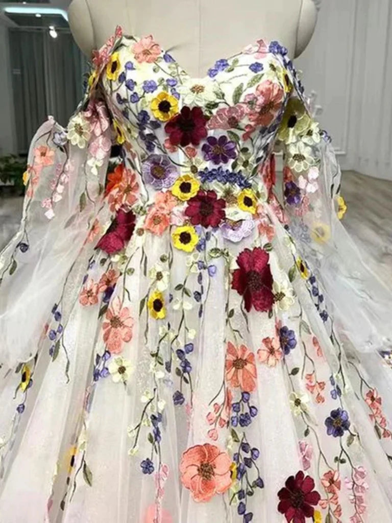 2024 White Floral Sweetheart Long Sleeves Ball Gown Prom Dress ...