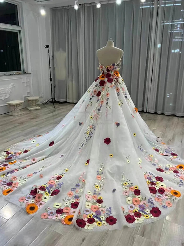 2024 White Floral Sweetheart Long Sleeves Ball Gown Prom Dress ...