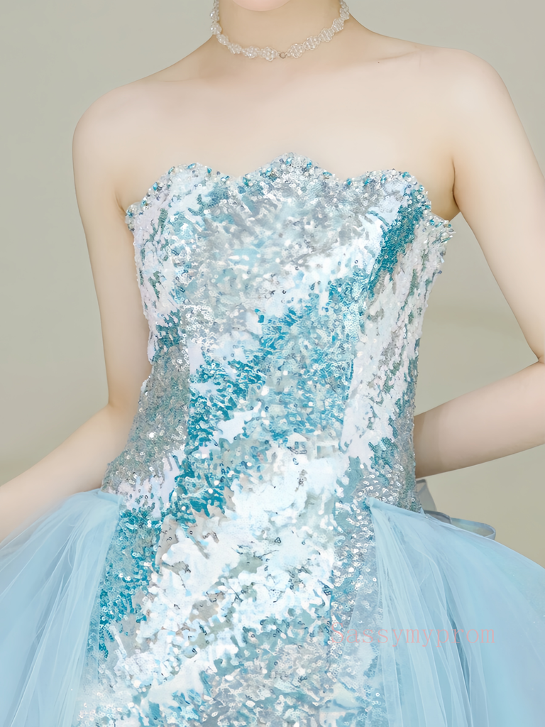 Blue Sheath Sequin Detachable Trian Strapless Prom Dress – Sassymyprom