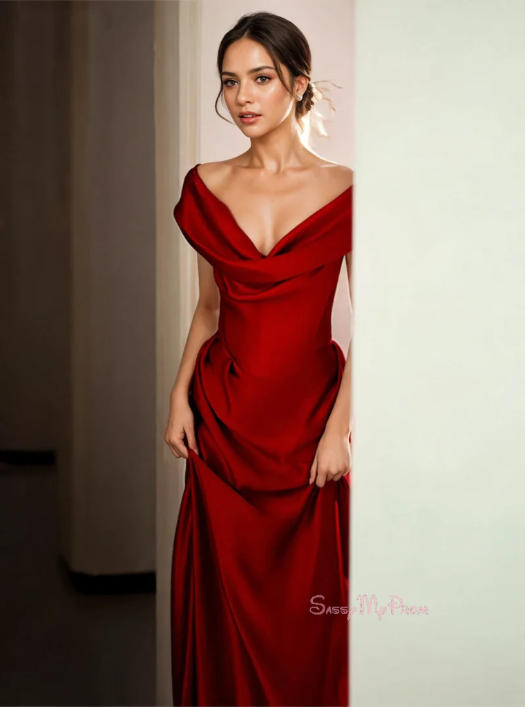 Trumpet Mermaid Satin Off The Shoulder Burgundy Prom Dress – Sassymyprom