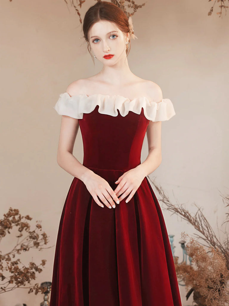 2023 Off the Shoulder Burgundy Velvet Long Prom Dress – Sassymyprom