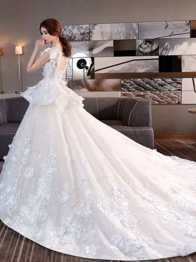 Flowers Lace-Up Chapel Train Wedding Dress – Sassymyprom
