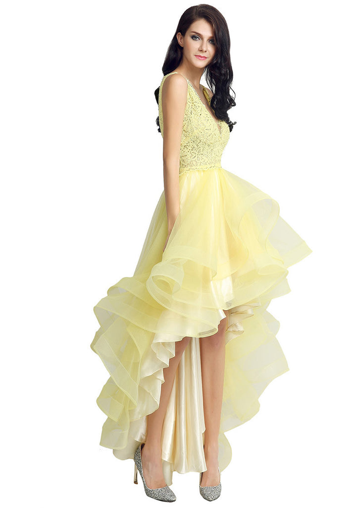 Lovely Tulle And Lace V Neck Neckline Cut Out Back Hi Lo A Line