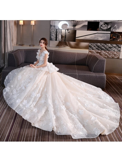 Flowers Lace-Up Chapel Train Wedding Dress – Sassymyprom