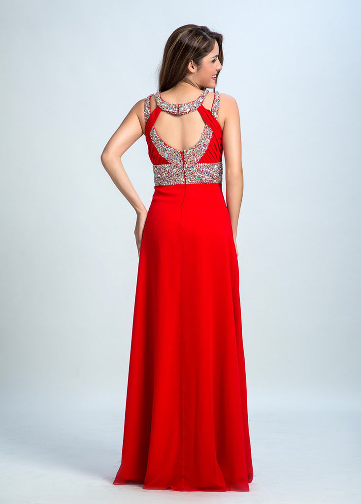 Attractive Chiffon Jewel Neckline Cut-out Back A-Line Prom Dresses Red ...