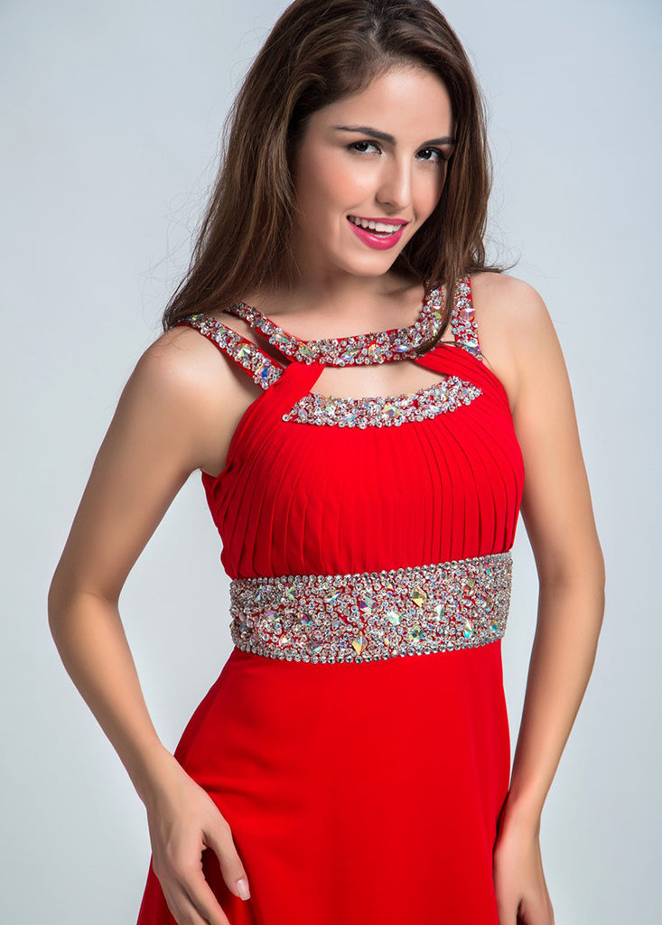 Attractive Chiffon Jewel Neckline Cut-out Back A-Line Prom Dresses Red ...