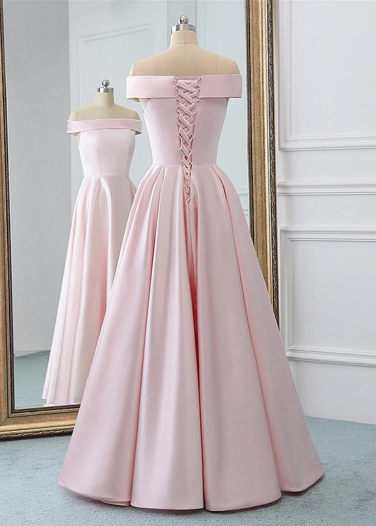 Satin Off-the-shoulder Pink Satin A-line Prom Dress – Sassymyprom
