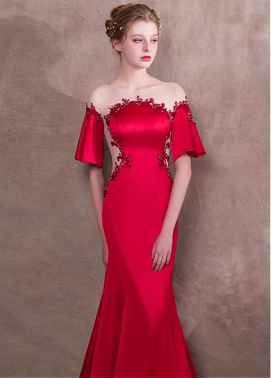 Beadings Acetate Satin Jewel Red Mermaid Evening Dress Sassymyprom